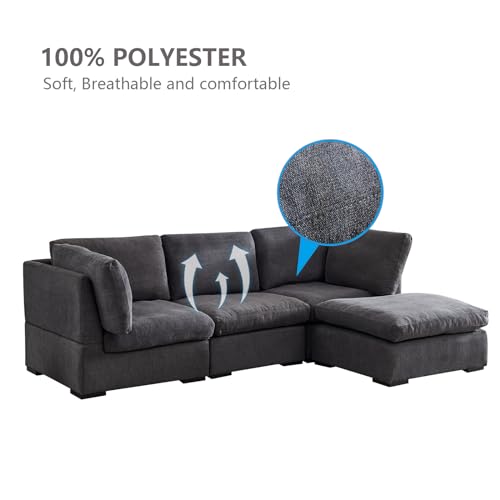 99" Modular Cloud Sectional Sofa W/Down Feather Filled & Reversible Lounge Chaise, L-Shaped Corner Couch Deep Seat with Movable Ottoman for Home Apartment Living Room Hotel Lobby, Dark Gray