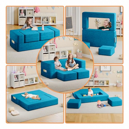 linor Kids Couch, Toddler Couch with Washable and Durable Covers, Modular Kids Sofa Couch, Foldable Loveseat & Two Ottoman, Fold Out Lounger (Navy)