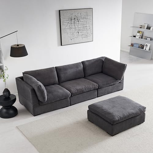 99" Modular Cloud Sectional Sofa W/Down Feather Filled & Reversible Lounge Chaise, L-Shaped Corner Couch Deep Seat with Movable Ottoman for Home Apartment Living Room Hotel Lobby, Dark Gray