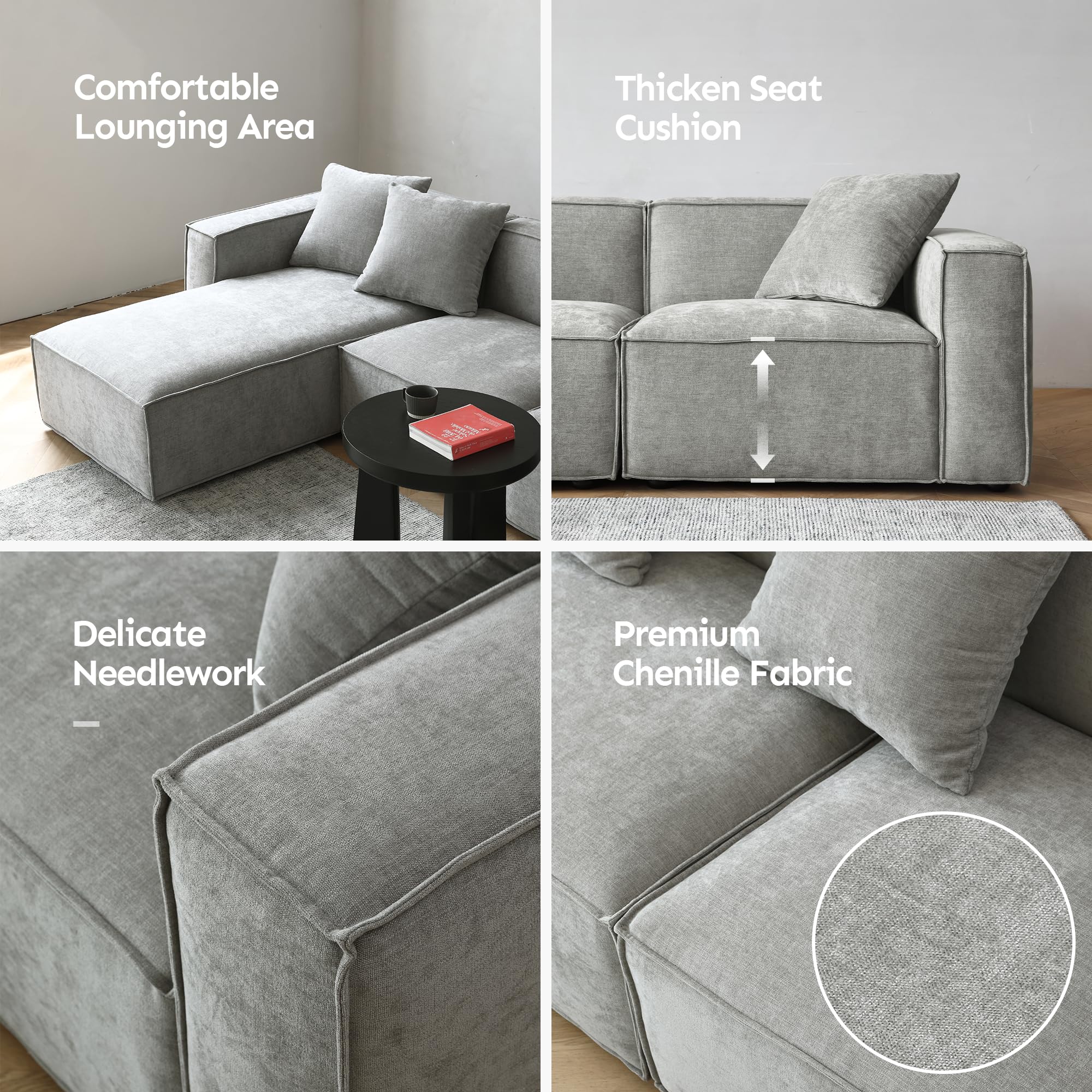 Acanva Luxury Modular Sectional Living Room Sofa Set, Modern Minimalist Style Couch with Ottoman and Chaise, U-Shape, Chenille Grey