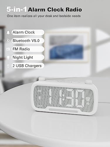 Alarm Clock with Bluetooth Speaker, FM Radio,Bedside Alarm Clock with 2 USB Chargers,Adjustable Dimmer and Volume,12/24H,Snooze,Battery Backup,Plugged in Clock Radio for Adult Kid Heavy Sleeper