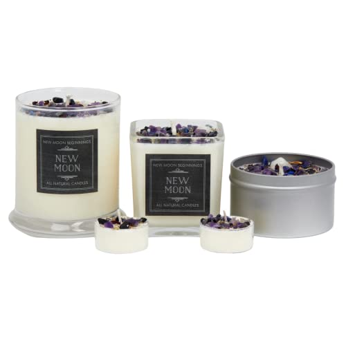 New Moon Candle by New Moon Beginnings - New Beginnings & Manifestation Candle - Dried Flower, Herb, & Crystal Candles - Aromatherapy Candles - Soy Candle - Set of 6 Tealights