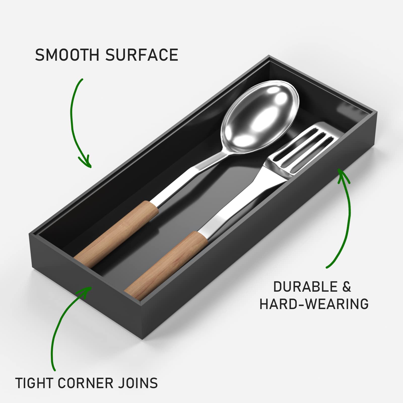 VeyFey Bamboo Drawer Organizer, Stackable Utensil Organizer for Kitchen, Black Silverware Tray for Drawer 15" x 6" x 2" Set of 2