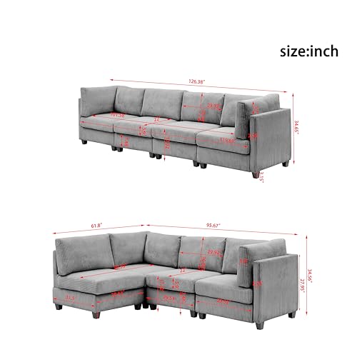 Eafurn Convertible Modular Sectional Sofa Set, Free Combinational Corner Couch, Corduroy Upholstered Deep Seat Comfy Sofa&Couches with Solid Wood Legs for Living Room Apartment, Gray 126.38"