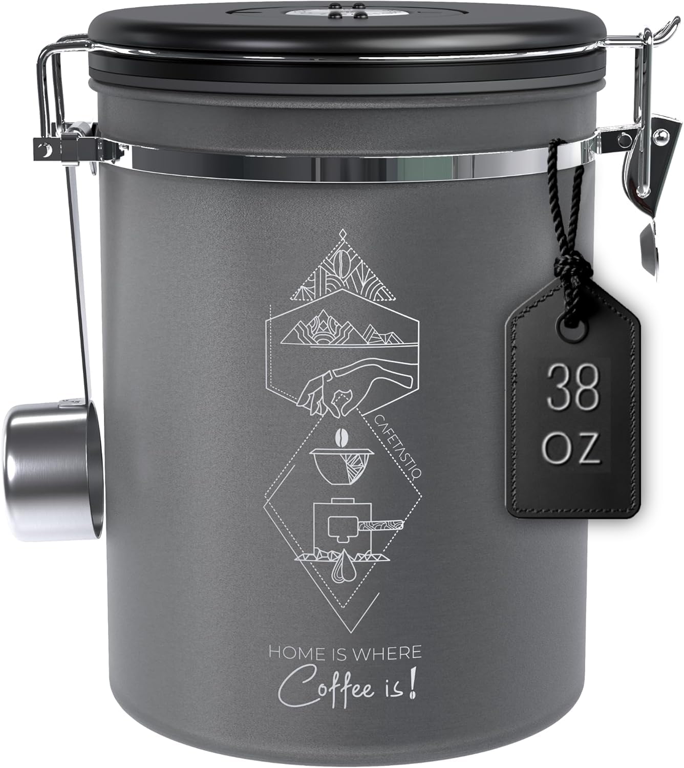 Extra Large 38oz Beans / 35oz Grounds Coffee Canister - Coffee Storage Container Tea Flour, Airtight Stainless Steel with Date Dial Release Valve Spoon