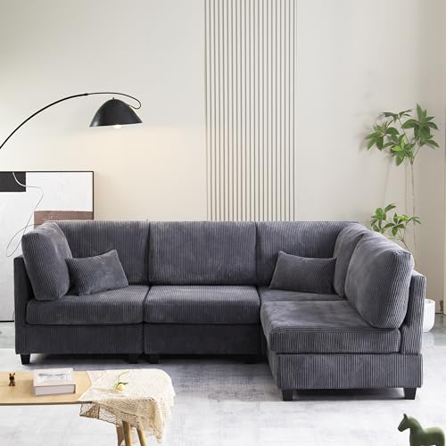 Eafurn Convertible Modular Sectional Sofa Set, Free Combinational Corner Couch, Corduroy Upholstered Deep Seat Comfy Sofa&Couches with Solid Wood Legs for Living Room Apartment, Gray 126.38"