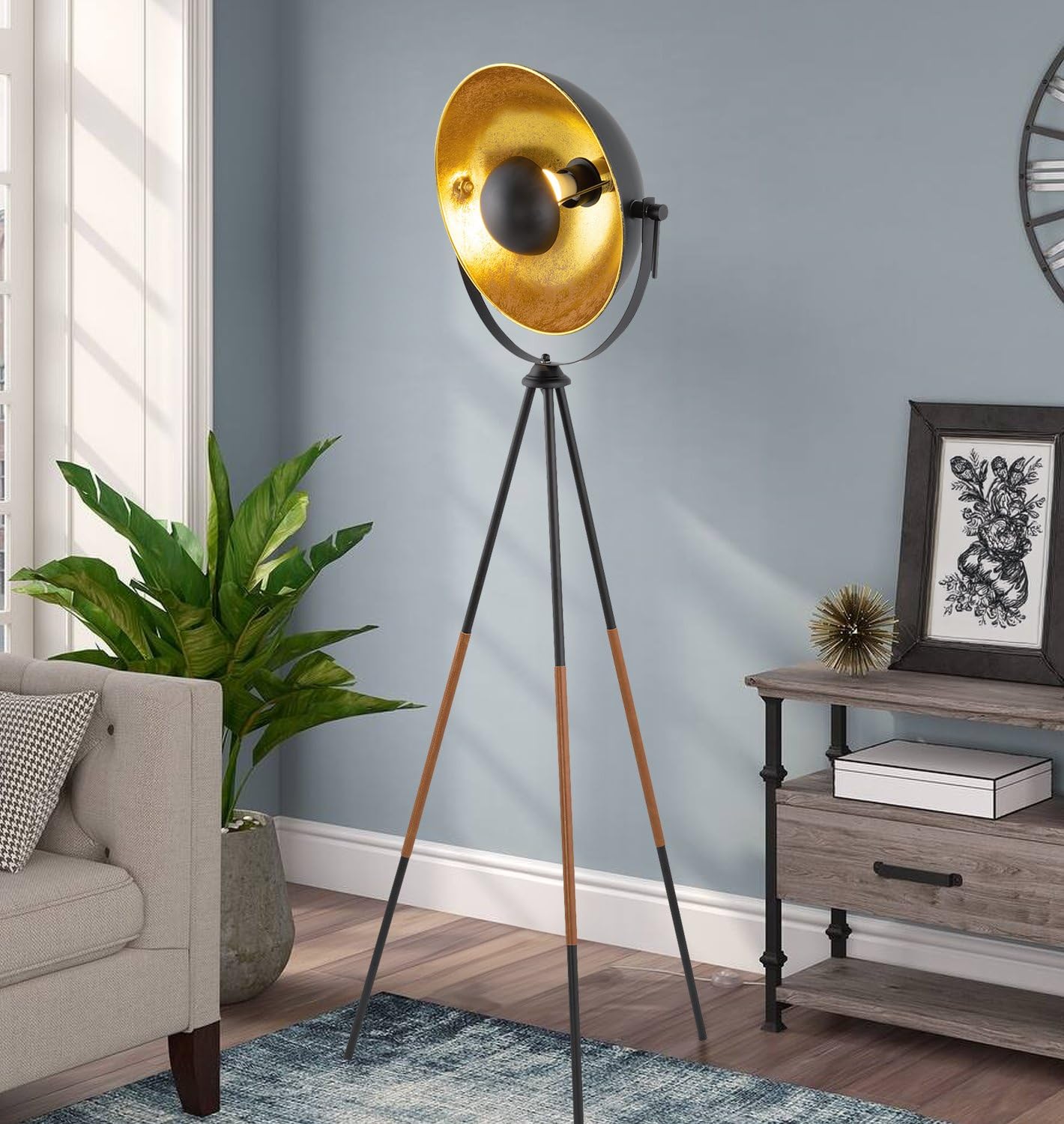 Kira Home Sulis 58" Modern Industrial Tripod LED Floor Lamp + 9W Bulb (Energy Efficient/Eco-Friendly), Leather Accent Legs, Satellite Style Shade, Black Finish