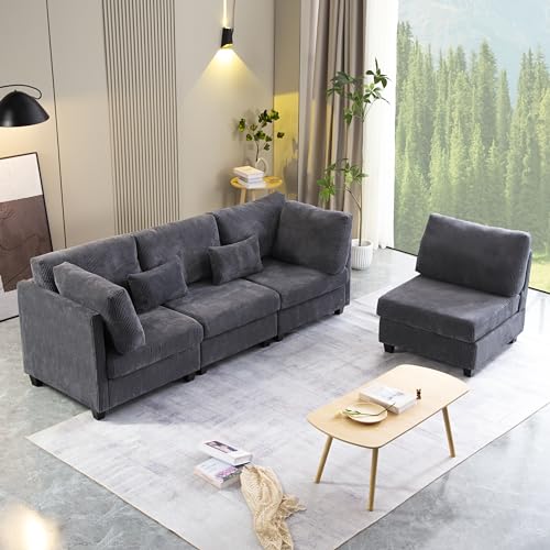 Eafurn Convertible Modular Sectional Sofa Set, Free Combinational Corner Couch, Corduroy Upholstered Deep Seat Comfy Sofa&Couches with Solid Wood Legs for Living Room Apartment, Gray 126.38"