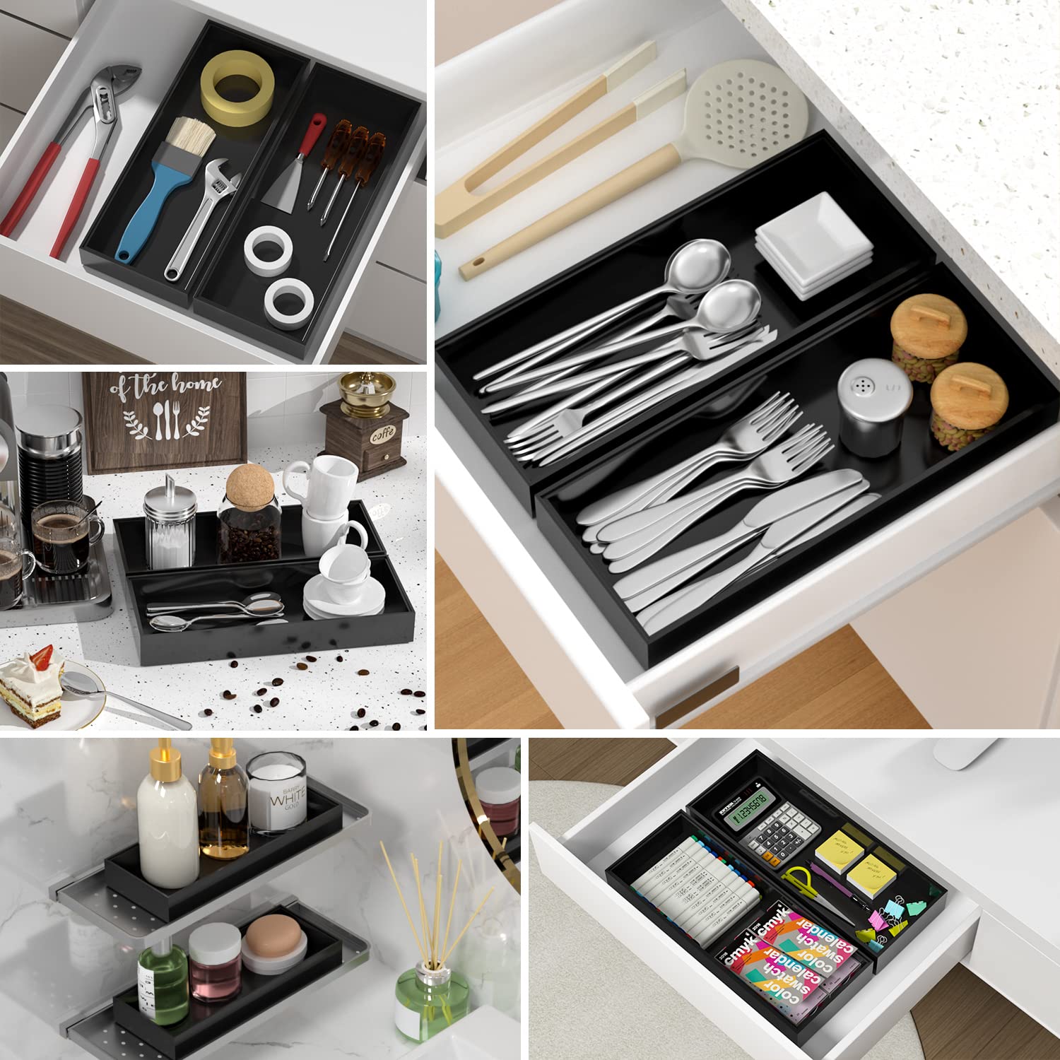 VeyFey Bamboo Drawer Organizer, Stackable Utensil Organizer for Kitchen, Black Silverware Tray for Drawer 15" x 6" x 2" Set of 2