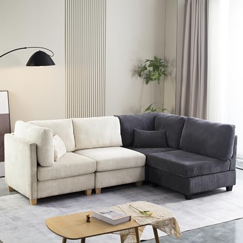 Eafurn Convertible Modular Sectional Sofa Set, Free Combinational Corner Couch, Corduroy Upholstered Deep Seat Comfy Sofa&Couches with Solid Wood Legs for Living Room Apartment, Gray 126.38"