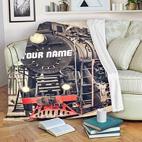 CUXWEOT Custom Blanket with Name Text,Personalized Retro Steam Train Super Soft Fleece Throw Blanket for Couch Sofa Bed (50 X 60 inches)