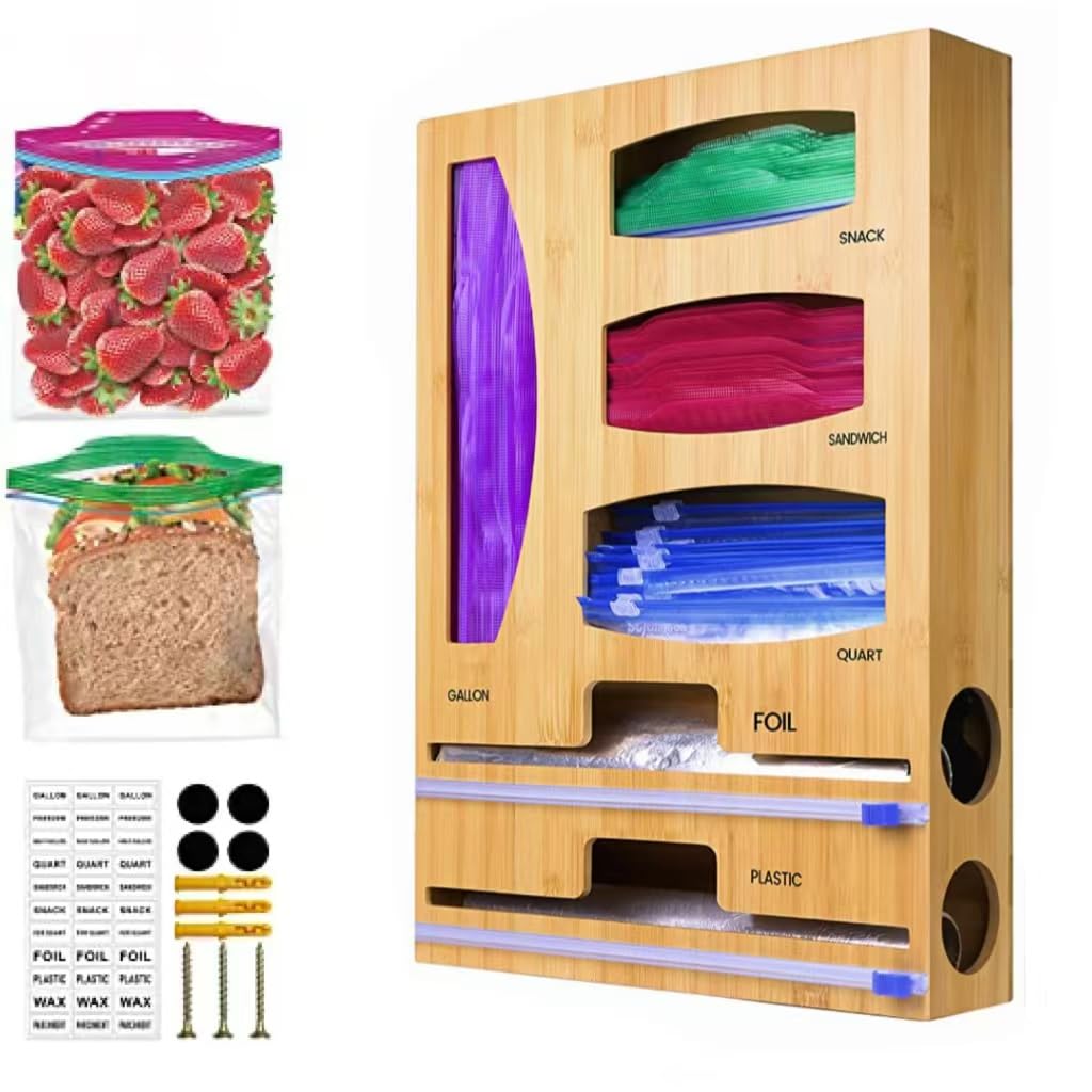 Orikithem Foil and Plastic Wrap Organizer, Bag Organizer for Ziplock, 6 in 1, Included 4 Storage Plastic Bag Organizer for Kitchen Drawer, 2 Dispenser with Cutter for Foil and Plastic Compatible