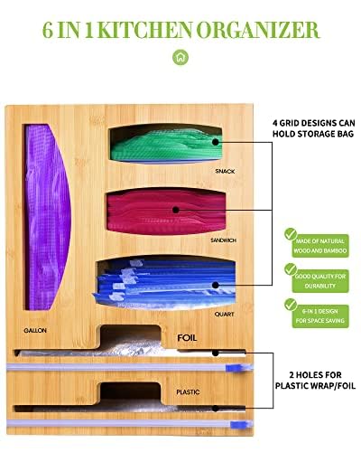 Orikithem Foil and Plastic Wrap Organizer, Bag Organizer for Ziplock, 6 in 1, Included 4 Storage Plastic Bag Organizer for Kitchen Drawer, 2 Dispenser with Cutter for Foil and Plastic Compatible