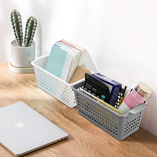 Rinboat Plastic Storage Basket, Deep Baskets, Grey and White, 6 Packs