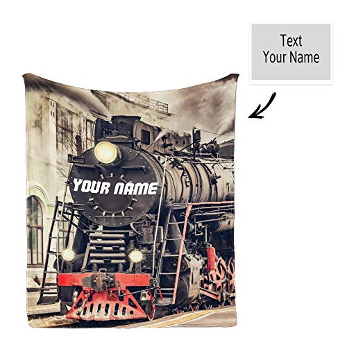 CUXWEOT Custom Blanket with Name Text,Personalized Retro Steam Train Super Soft Fleece Throw Blanket for Couch Sofa Bed (50 X 60 inches)