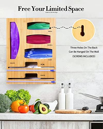 Orikithem Foil and Plastic Wrap Organizer, Bag Organizer for Ziplock, 6 in 1, Included 4 Storage Plastic Bag Organizer for Kitchen Drawer, 2 Dispenser with Cutter for Foil and Plastic Compatible
