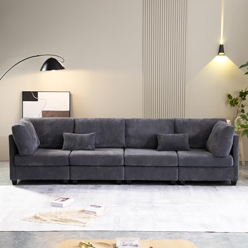 Eafurn Convertible Modular Sectional Sofa Set, Free Combinational Corner Couch, Corduroy Upholstered Deep Seat Comfy Sofa&Couches with Solid Wood Legs for Living Room Apartment, Gray 126.38"
