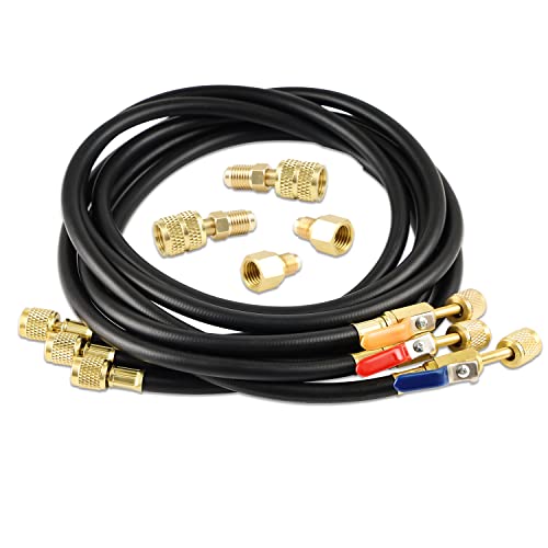 Lichamp 3 Pieces 5FT AC HVAC Manifold Gauge Hose Kit with Ball Valve and 4 Pieces Hose Adapters Fits R134A R410A R404A R12 R22 R502 R1234YF Refrigerants