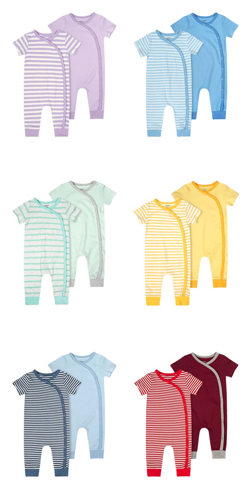 Teach Leanbh Baby Boys Girls 2 Pack Footless Pajamas Cotton Short Sleeve Side Snap Romper Jumpsuit Sleep and Play (Blue+Gray stripe, 12-18 Months)