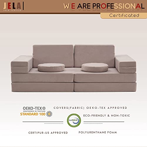 jela Kids Couch 10PCS Luxury, Floor Couch Floor Sofa Modular Furniture for Adults, Playhouse Play Set for Toddlers Babies, Modular Foam Play Couch, Modular Sectional Sofa (Classic, Taupe)
