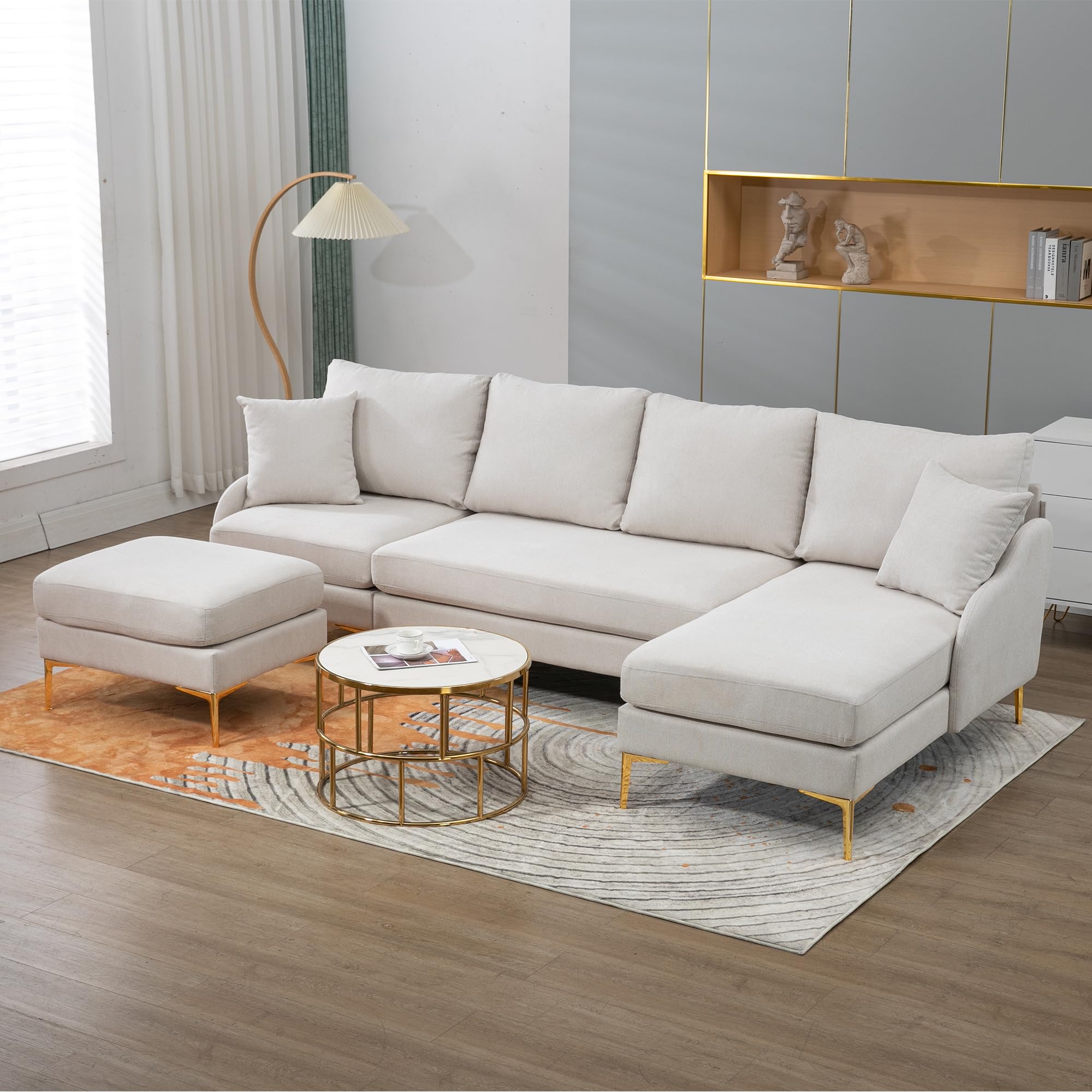 Eafurn Reversible Modular Sectional Sofa w/Chaise Lounge and Movable Ottoman,L Shaped 4-Seater Convertible Corner Couch Comfy Upholstered Sofa & Couch with Curved Armrest and 2 Throw Pillows