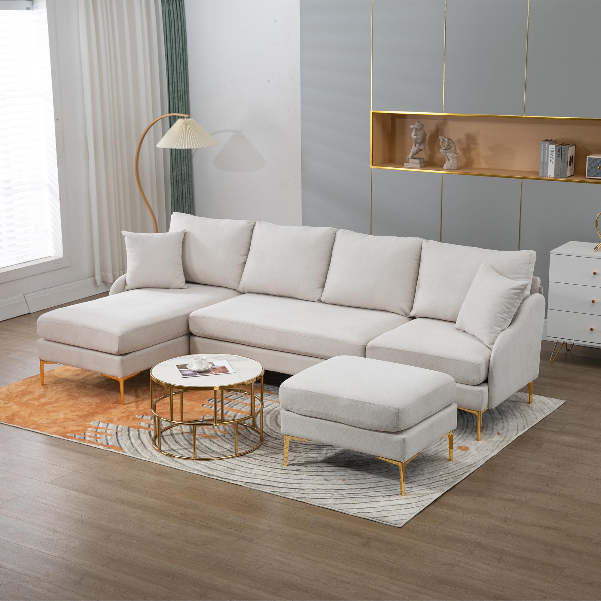 Eafurn Reversible Modular Sectional Sofa w/Chaise Lounge and Movable Ottoman,L Shaped 4-Seater Convertible Corner Couch Comfy Upholstered Sofa & Couch with Curved Armrest and 2 Throw Pillows
