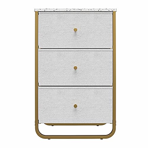 REALROOMS Korbin 3 Drawer Fabric Bin Organizer with Metal Frame, Terrazzo/Gold