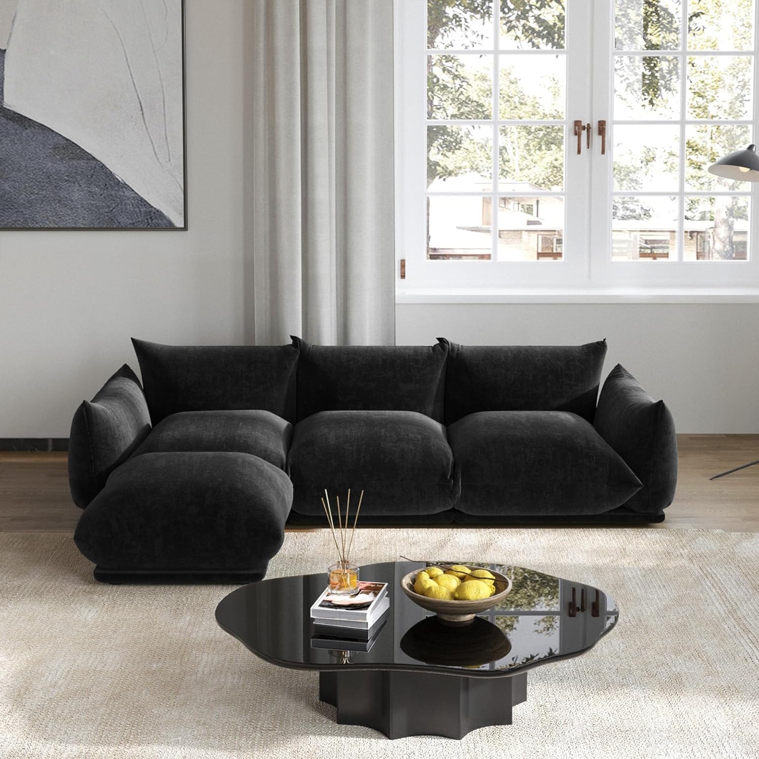 JACH103 L-Shaped Sectional Sofa, Minimalist Chenille Modular Sofas Couches, Luxury Modern 4-Seat Couch Sectionals with Reversible Chaise Ottoman for Living Room Bedroom Office Apartment (Black)