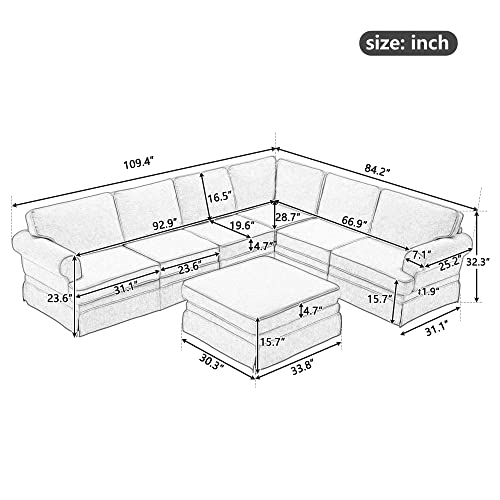 Evedy Modern Upholstered Fabric Modular Sectional Sofa, L-Shaped Couch with Removable Ottoman for Living Room, Bedroom or Office, Dark Gray c