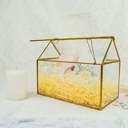 YIMORENCE V Gold Wedding Glass Card Box β Large Wedding Card Holder Gold Handmade Brass Vintage House Shape with Lid (House Gold)