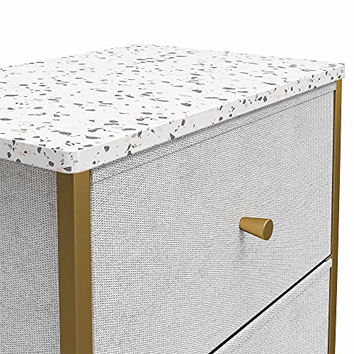 REALROOMS Korbin 3 Drawer Fabric Bin Organizer with Metal Frame, Terrazzo/Gold