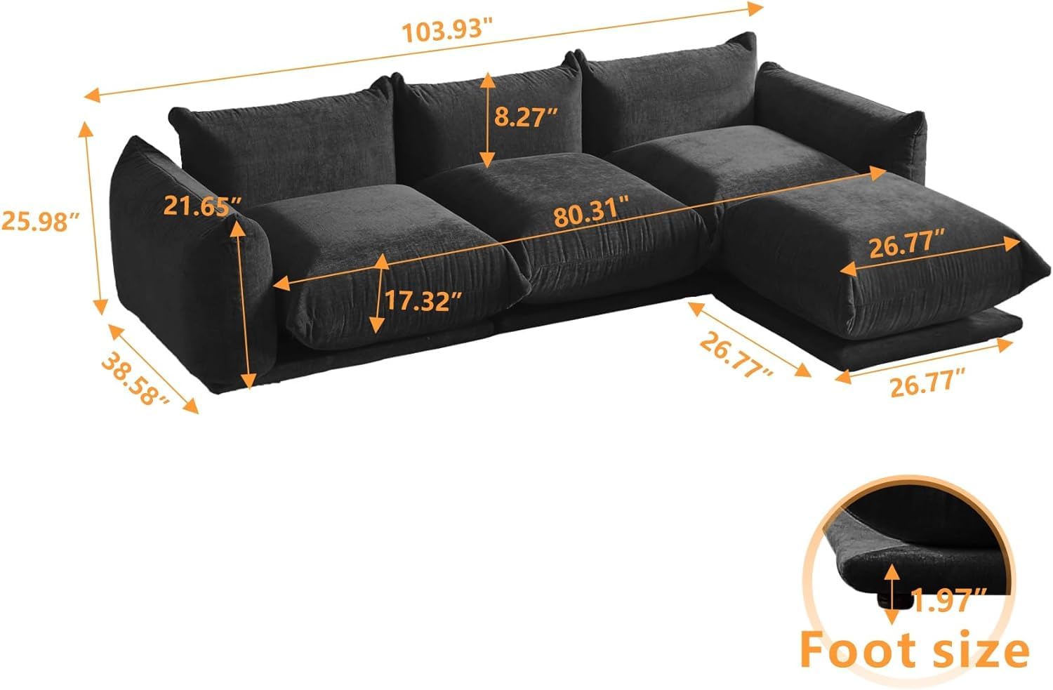 JACH103 L-Shaped Sectional Sofa, Minimalist Chenille Modular Sofas Couches, Luxury Modern 4-Seat Couch Sectionals with Reversible Chaise Ottoman for Living Room Bedroom Office Apartment (Black)
