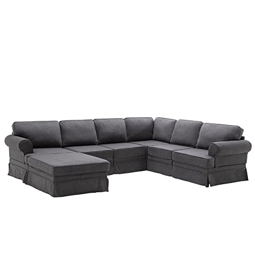 Evedy Modern Upholstered Fabric Modular Sectional Sofa, L-Shaped Couch with Removable Ottoman for Living Room, Bedroom or Office, Dark Gray c