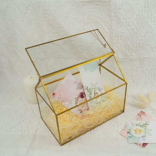 YIMORENCE V Gold Wedding Glass Card Box β Large Wedding Card Holder Gold Handmade Brass Vintage House Shape with Lid (House Gold)
