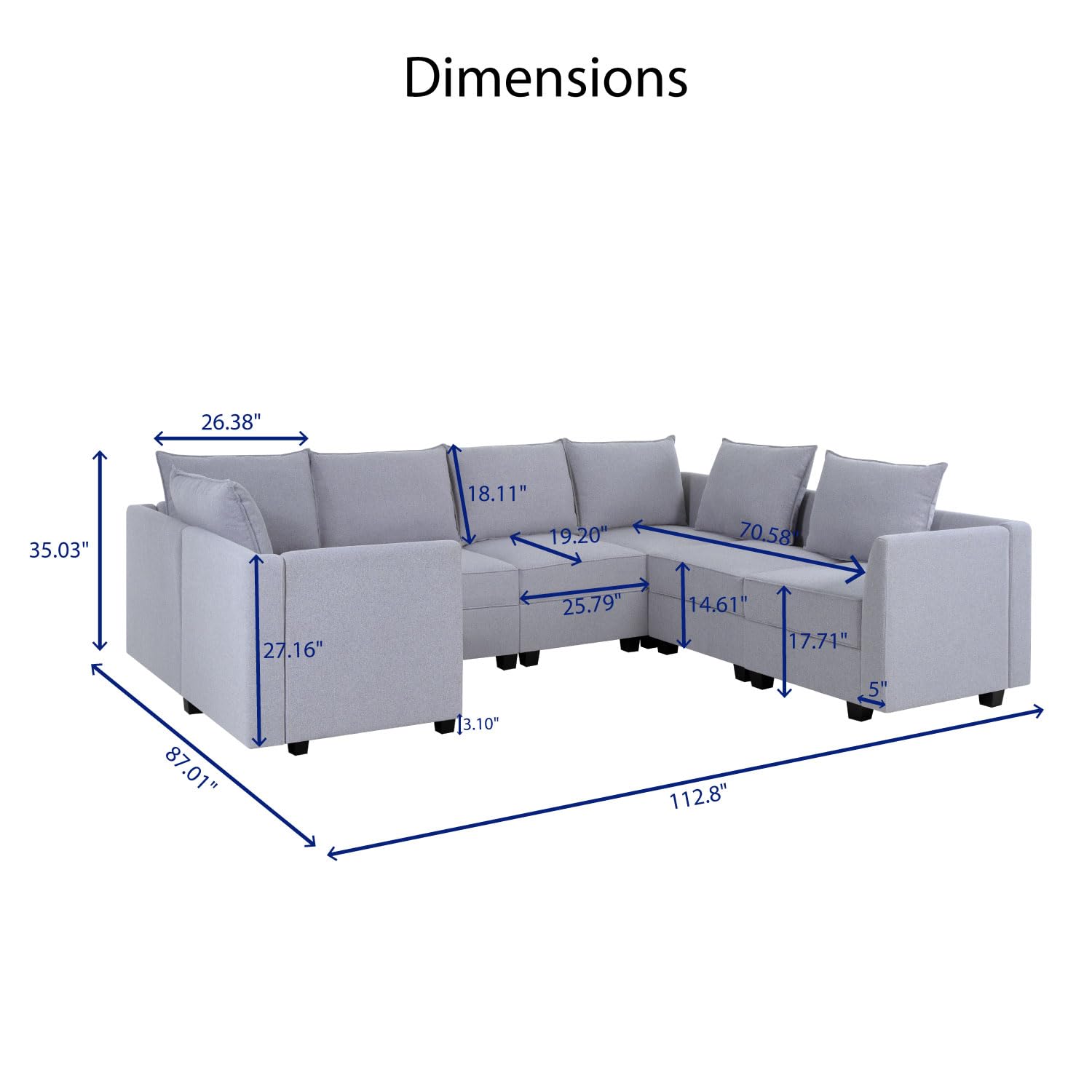 Naomi Home Elizabeth Convertible U Shaped Modular Sofa Sectional Modular Couch with Chaise Oversized Sofa Sleeper Couch for Large Living Room - 7-Seater L Shaped sectional Sofa - Gray