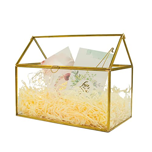 YIMORENCE V Gold Wedding Glass Card Box β Large Wedding Card Holder Gold Handmade Brass Vintage House Shape with Lid (House Gold)