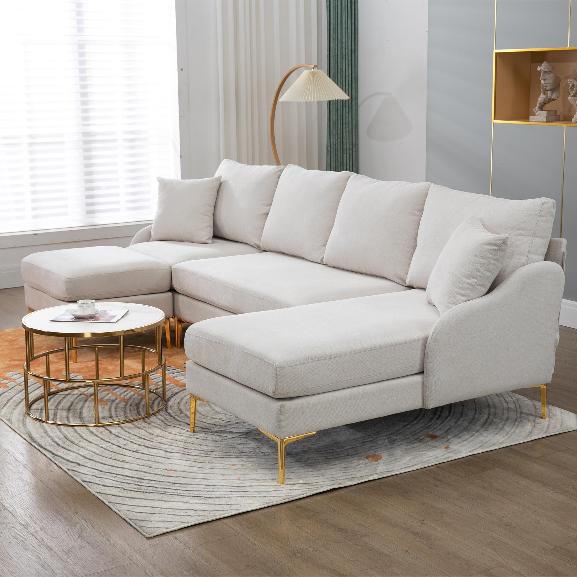 Eafurn Reversible Modular Sectional Sofa w/Chaise Lounge and Movable Ottoman,L Shaped 4-Seater Convertible Corner Couch Comfy Upholstered Sofa & Couch with Curved Armrest and 2 Throw Pillows