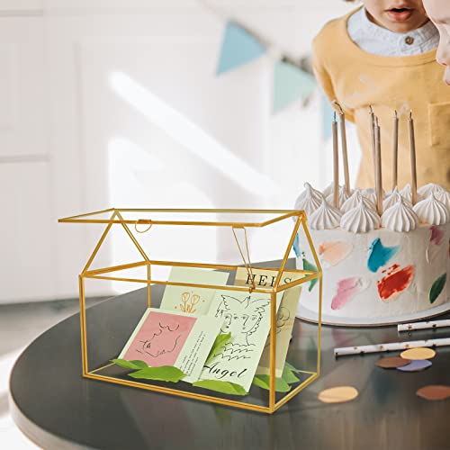 YIMORENCE V Gold Wedding Glass Card Box β Large Wedding Card Holder Gold Handmade Brass Vintage House Shape with Lid (House Gold)