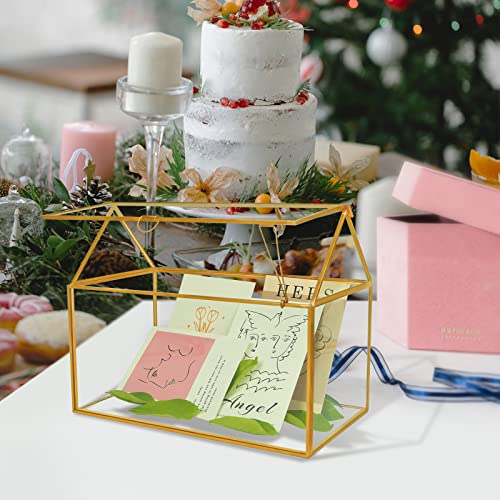 YIMORENCE V Gold Wedding Glass Card Box β Large Wedding Card Holder Gold Handmade Brass Vintage House Shape with Lid (House Gold)