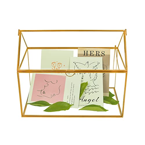 YIMORENCE V Gold Wedding Glass Card Box β Large Wedding Card Holder Gold Handmade Brass Vintage House Shape with Lid (House Gold)