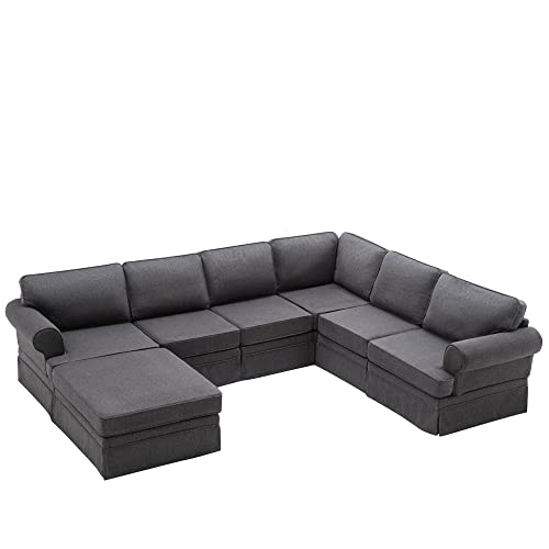 Evedy Modern Upholstered Fabric Modular Sectional Sofa, L-Shaped Couch with Removable Ottoman for Living Room, Bedroom or Office, Dark Gray c