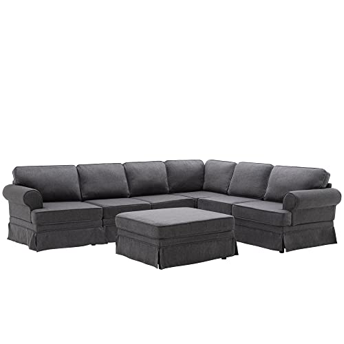 Evedy Modern Upholstered Fabric Modular Sectional Sofa, L-Shaped Couch with Removable Ottoman for Living Room, Bedroom or Office, Dark Gray c