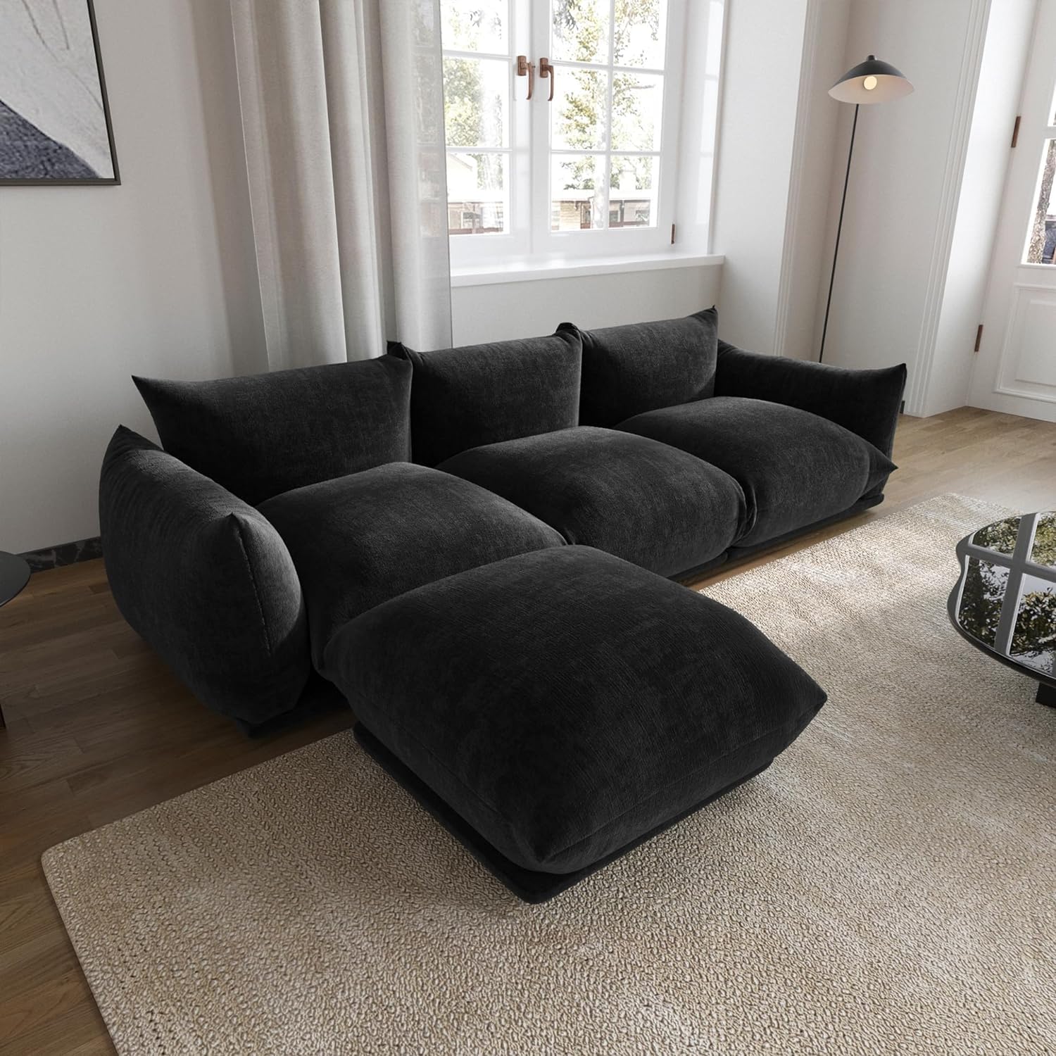 JACH103 L-Shaped Sectional Sofa, Minimalist Chenille Modular Sofas Couches, Luxury Modern 4-Seat Couch Sectionals with Reversible Chaise Ottoman for Living Room Bedroom Office Apartment (Black)