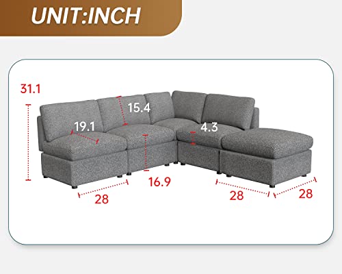 FDW Modular Sectional Sofa Couch,L Shaped Sofa Couch Convertible Sofa 4-Seat Sofa with Ottoman for Living Room Bedroom Office,Gray