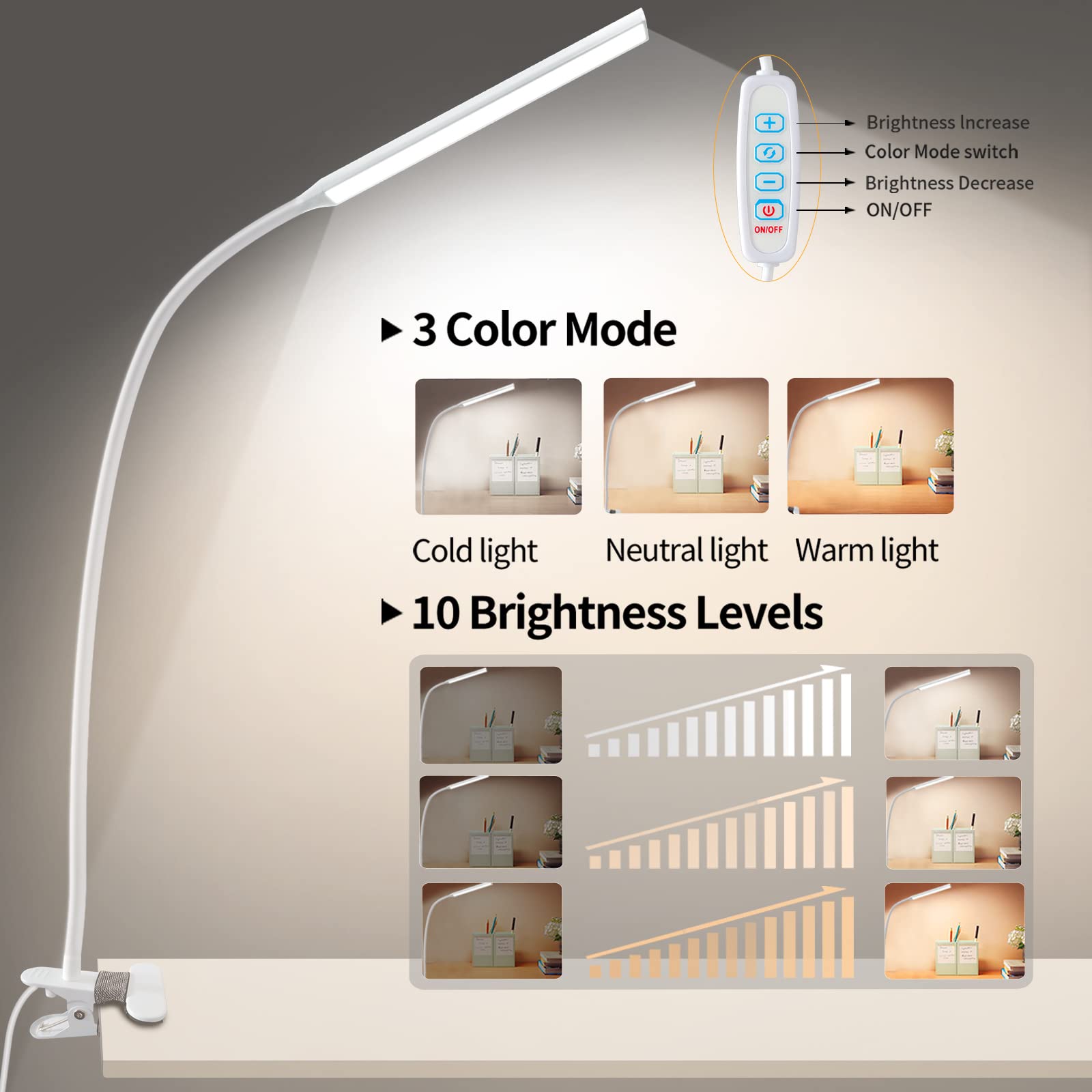 ECHEAIO Desk lamp, Desk Lamps for Home Office, Eye Caring Reading Lamp, 13W Clip on Light 3 Color Modes & 10 Brightness Levels Flexible Gooseneck Light for Headboard Piano Desk Bedside Reading