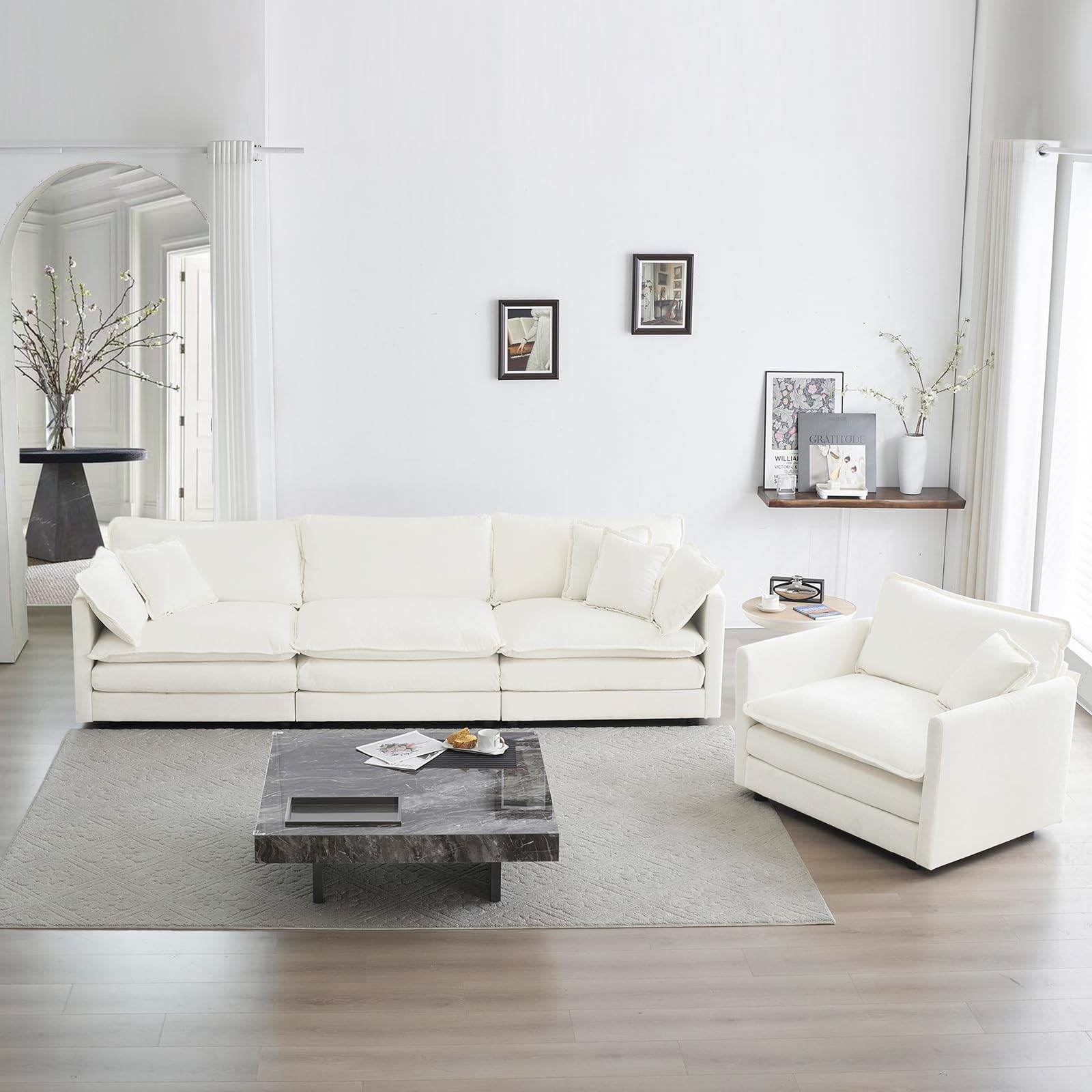 Neylory Oversized Modular Sectional Chenille Fabric Sofa Set,Extra Deep Seat Cloud Couch, Modular Sectional Couch,115 inch Width,3 Seat Modular Sofa Beige