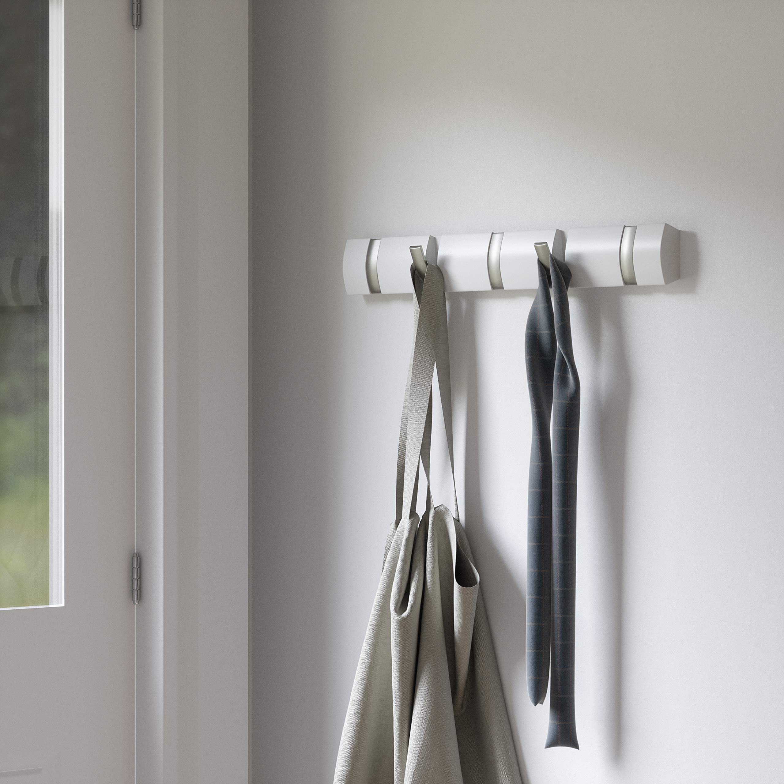 Umbra Flip Wall Mounted Floating Rack – Modern, Sleek, Space-Saving Hanger with Retractable Hooks to Hang Coats, Scarves, Purses and More, 5, White