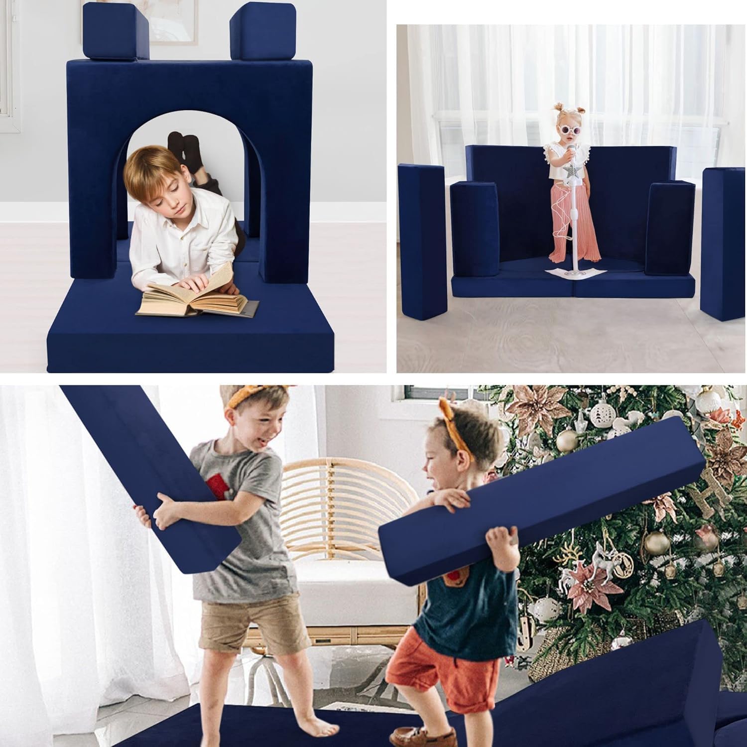 MeMoreCool Modular Kids Play Couch, 10 Piece Foam Lounge Sofa for Playroom, Large Toddler Bed and Block Couch for Boys, Navy