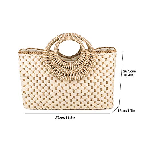 QTKJ Women Summer Retro Straw Bag with Zip Hand-woven Beach Handbag Top Round Handle Boho Tote Bag Shopping and Travel Large Bag (Beige 2)