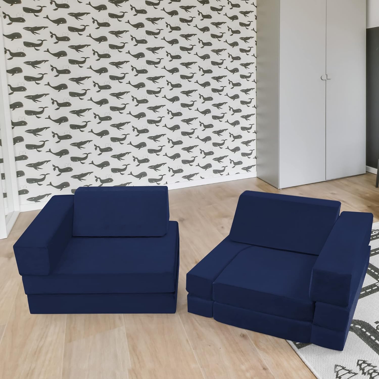 MeMoreCool Modular Kids Play Couch, 10 Piece Foam Lounge Sofa for Playroom, Large Toddler Bed and Block Couch for Boys, Navy